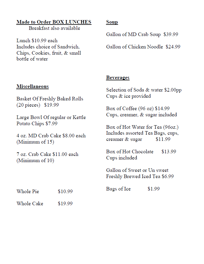 Willy's Kitchen Catering Menu